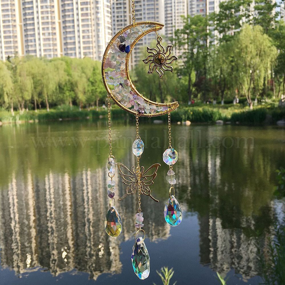 Wholesale Natural Fluorite Chip & Metal Moon Hanging Suncatchers ...