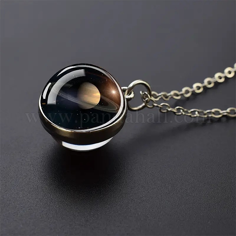 光る丸い合金とガラスの惑星ペンダントネックレス プラチナ ココナッツブラウン 19.69インチ（50cm）の通販 - PandaHall ...