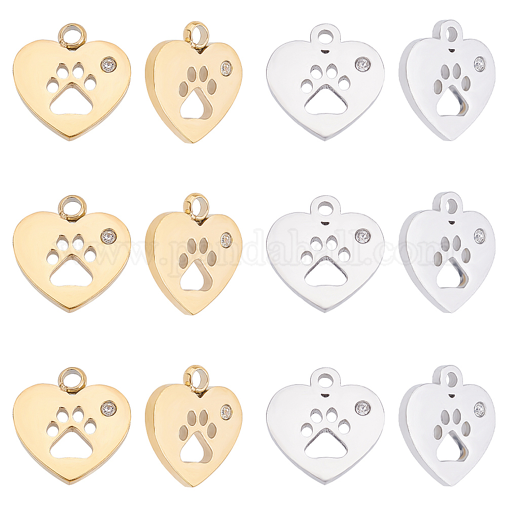 Unicraftale304ステンレススチールチャーム 手動研磨 クリスタルラインストーン付き 犬の足が印刷されたハート ゴールデン ...