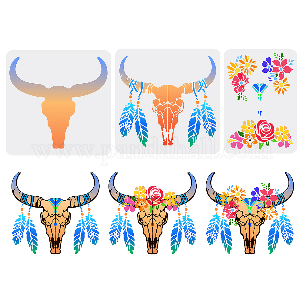 Wholesale FINGERINSPIRE 3 Pcs Layered Cow Skulls Stencil Feathered Cow ...