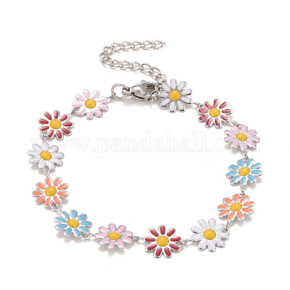Wholesale Enamel Daisy Link Chains Bracelet - Pandahall.com